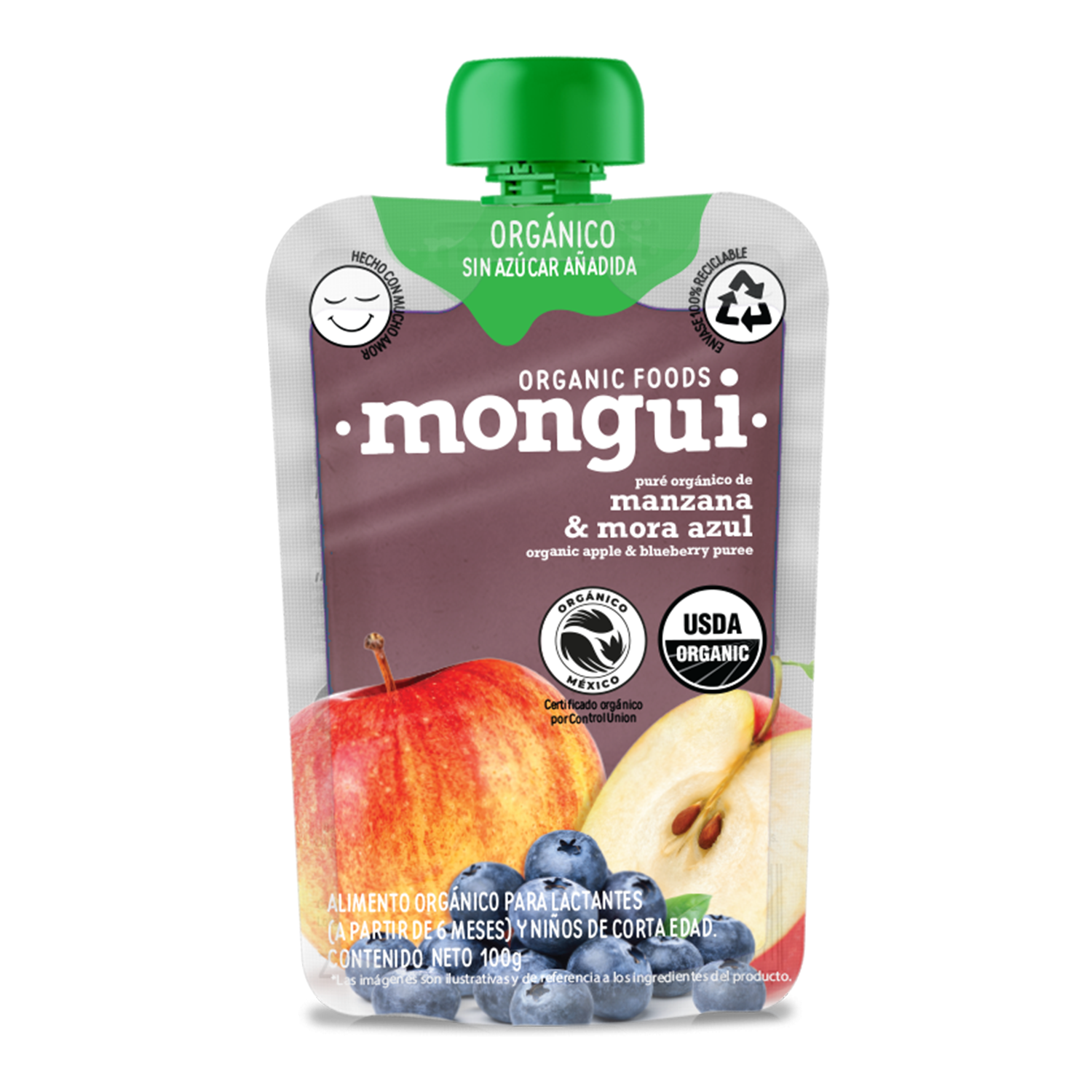 Papilla / Snack Manzana Mora Azul 100% Orgánico Pouch 100gr – Mongui ...